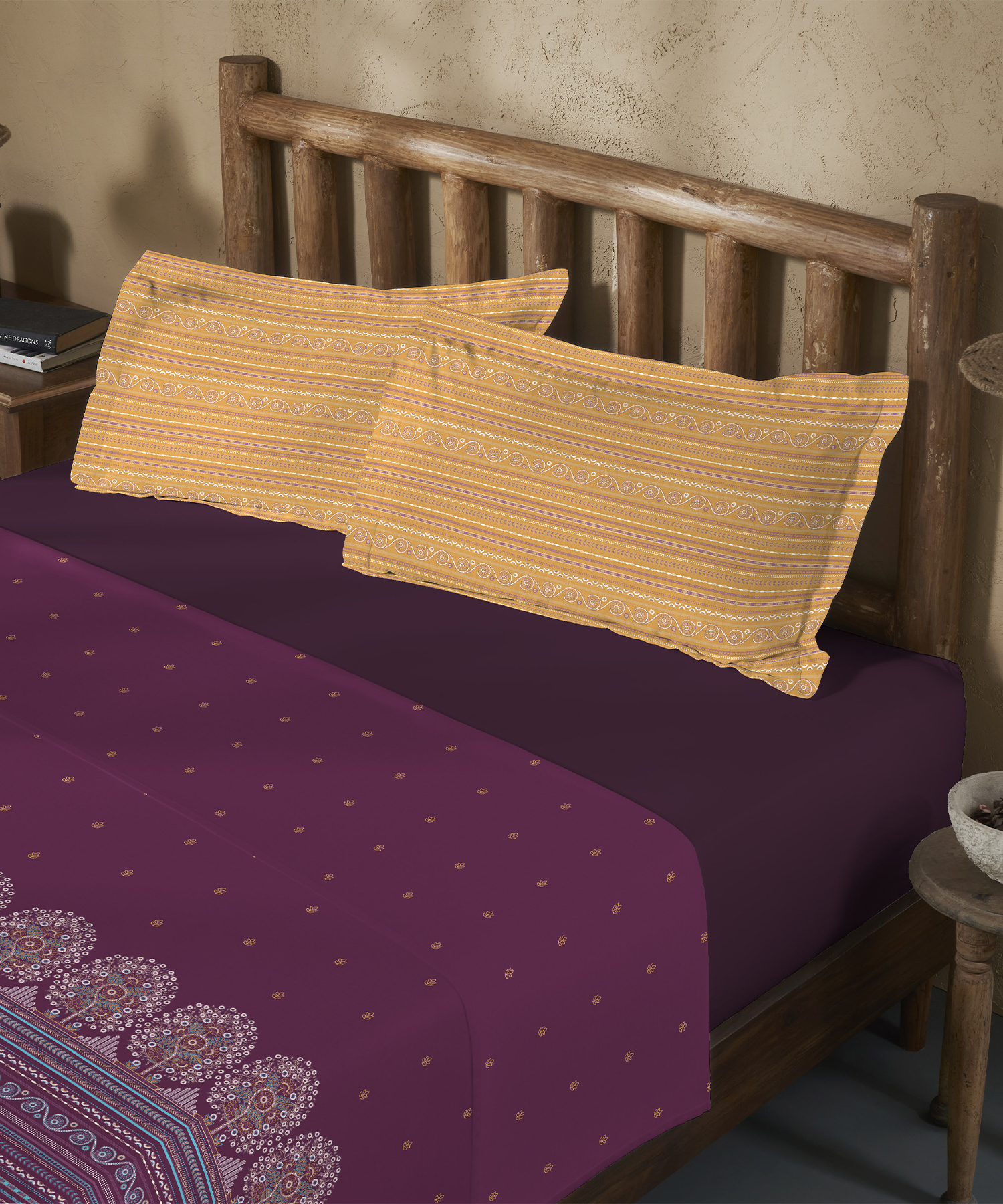 Sanskriti Bedding Set, Rogan Art Plum| 180 TC, 180 Cotton| 4 Pc Set ...
